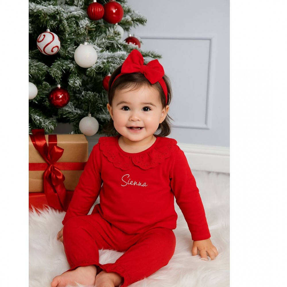 Personalised Girls Red Pyjamas With Frill Detailing - Pom Pom Baby ...